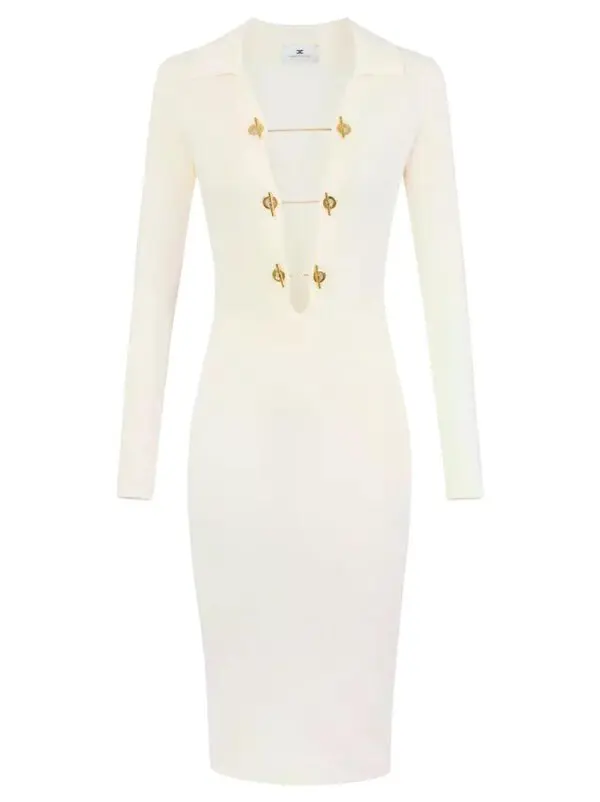 Elisabetta Franchi Knit Dress With Jewel Chains And Collared Plunge Neckline - Neutrals