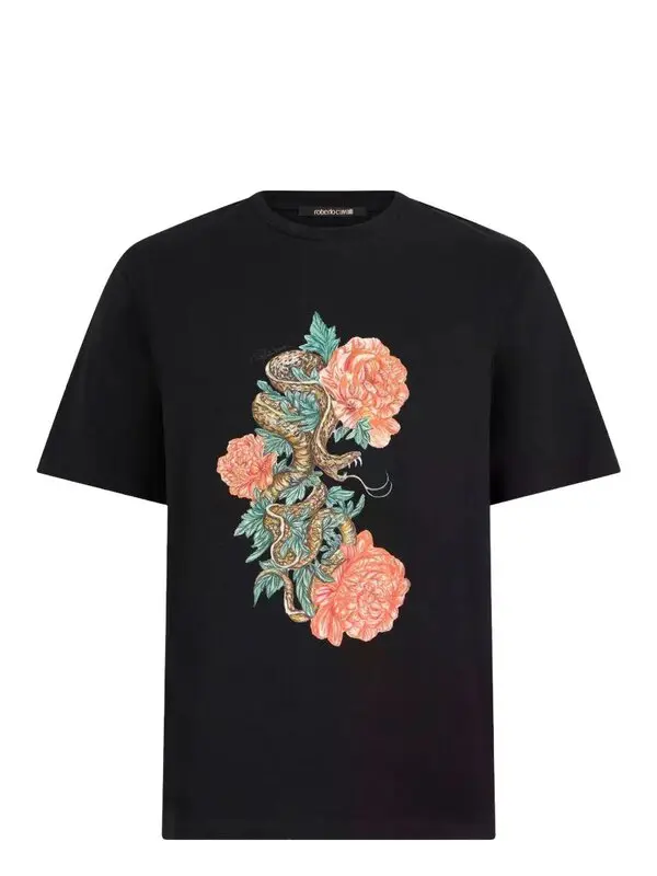 Roberto Cavalli Snake Floral-print T-shirt - Black
