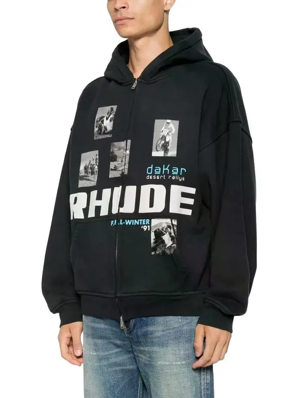 Rhude Logo-print Zip-up Hoodie - Black