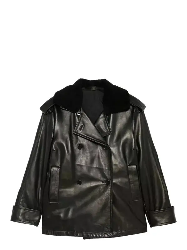 SALVATORE SANTORO Shearling Collar Double-breasted Leather Jacket - Black