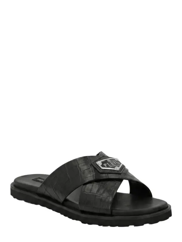 Philipp Plein Leather Criss-cross Slippers With Cocco Print - Black