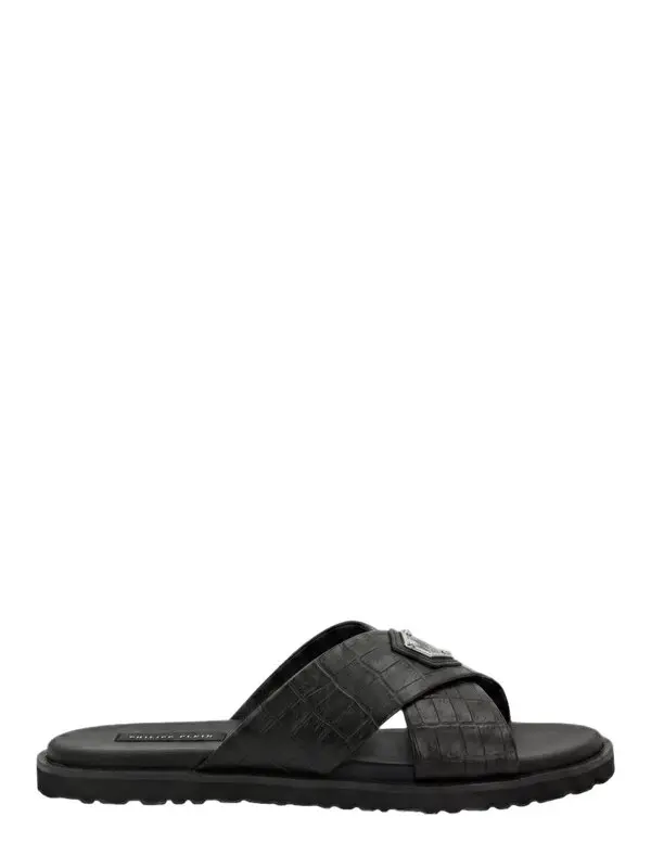 Philipp Plein Leather Criss-cross Slippers With Cocco Print - Black
