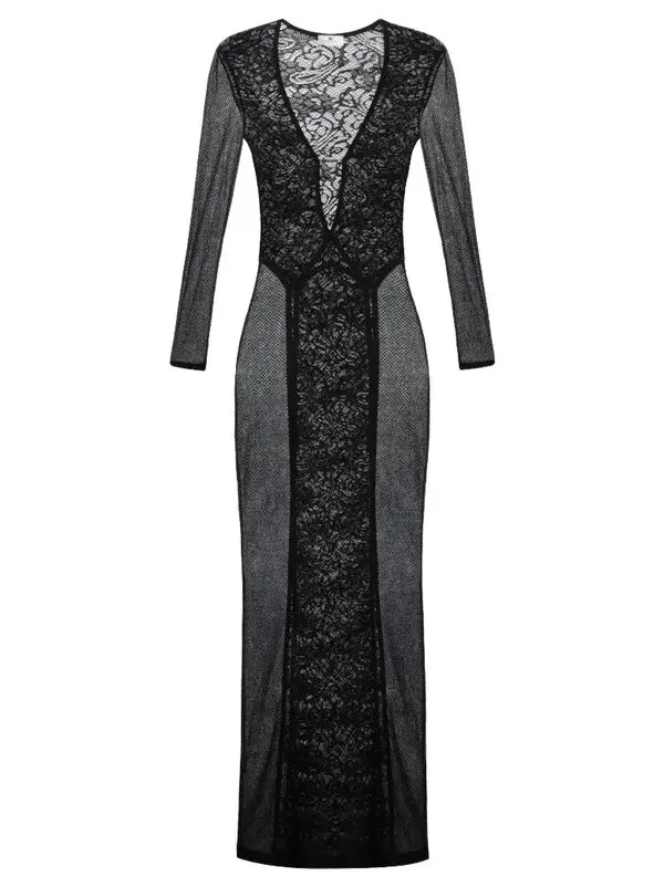 Elisabetta Franchi Lace And Mesh Maxi Dress With Plunging V-neck - Black
