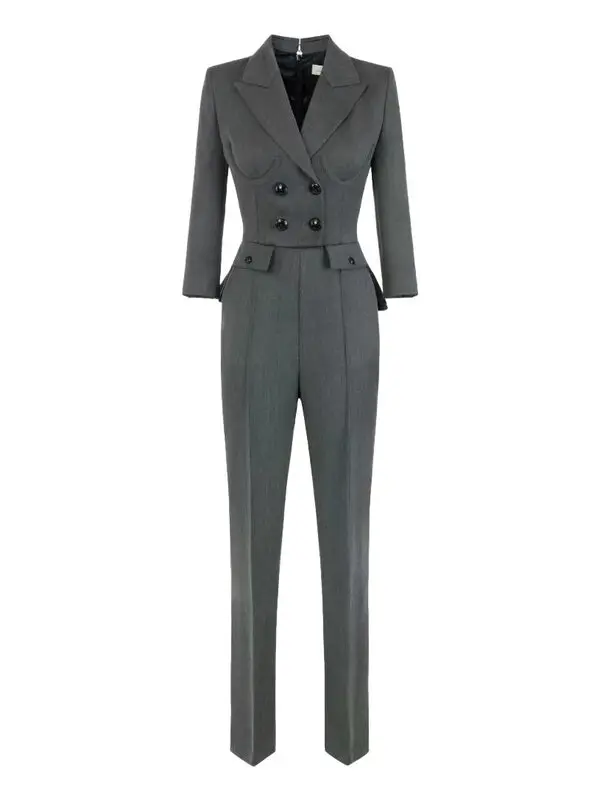 Elisabetta Franchi Cool Wool Jumpsuit With Structured Shoulders And Tailed Back - Grey