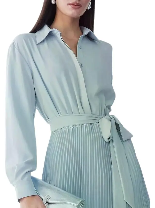 WILLA Pleated Belted Shirt Midi Dress - Blue