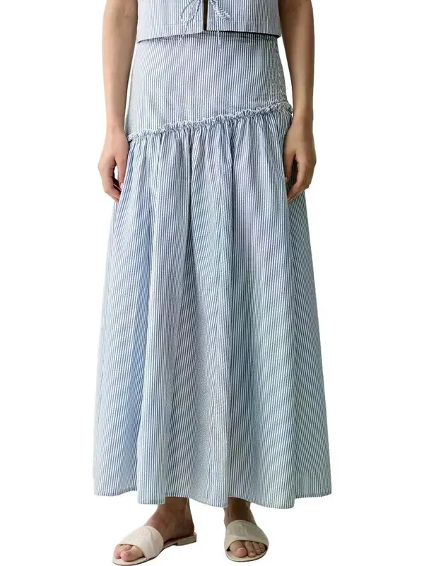 BENETTON Striped Asymmetrical Waist Ruffled Maxi Skirt - Blue