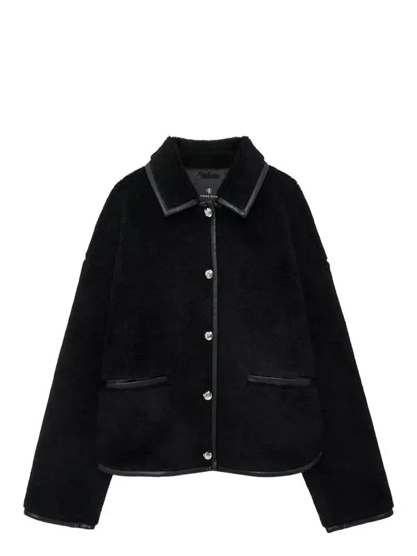 ANINE BING Camden Textured Wool-blend Jacket With Leather Trim - Black