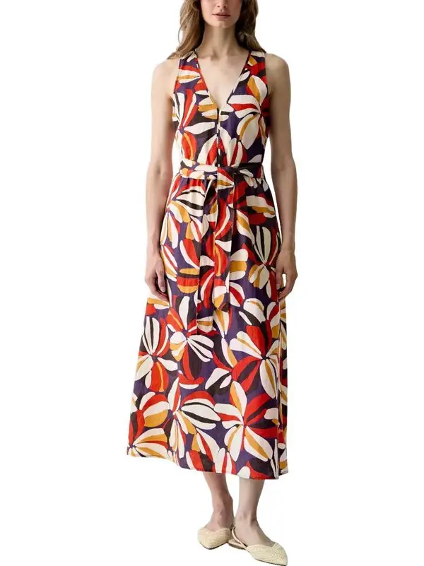 BENETTON Printed V-neck Maxi Dress With Belt - Purple