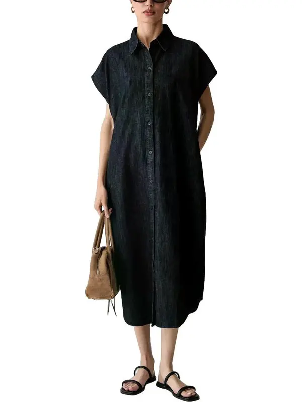 BENETTON Button-up Short-sleeved Denim Midi Dress - Blue