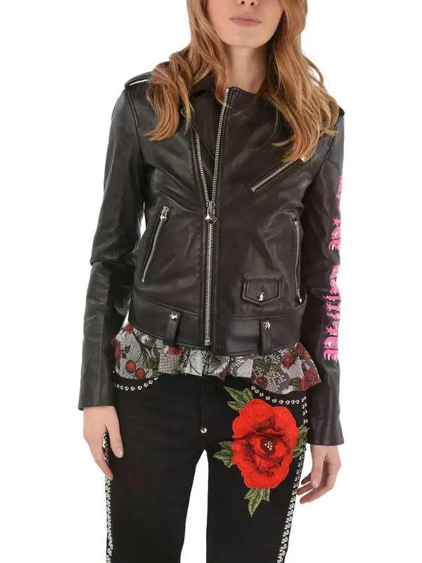 Philipp Plein Couture Angel Embroidered Leather Biker Jacket - Black