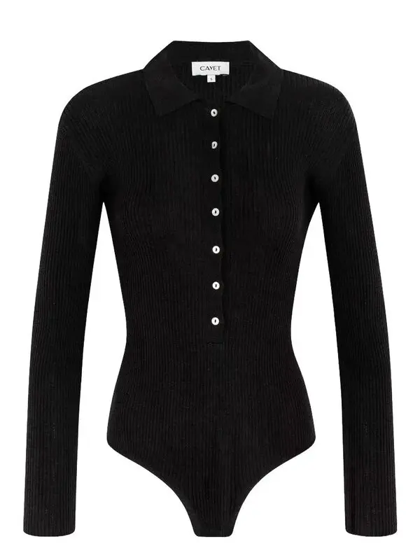 CAYET Ribbed Knit Long Sleeve Bodysuit - Black