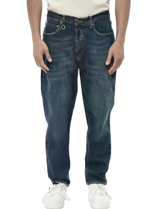 PAOLO PECORA Leather Patch Whiskered Jeans - Blue