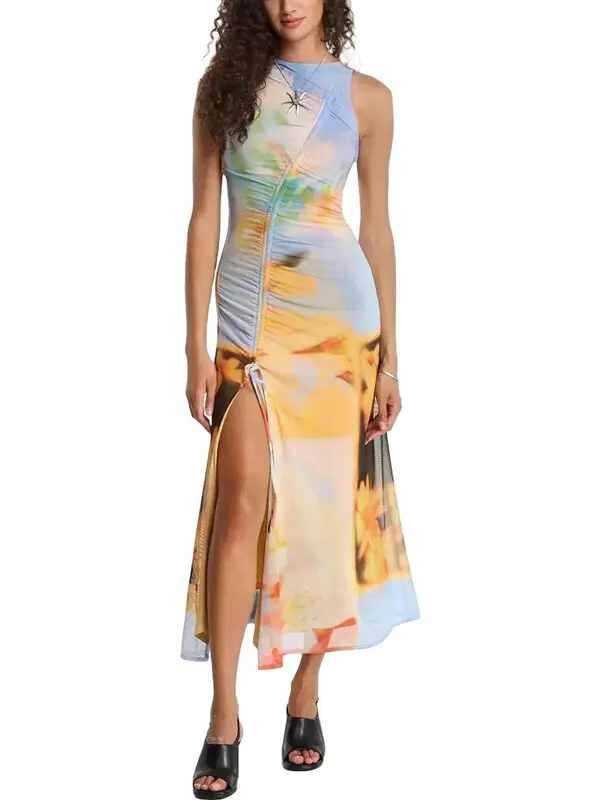 Desigual Floral Print Ruched Midi Dress - Blue
