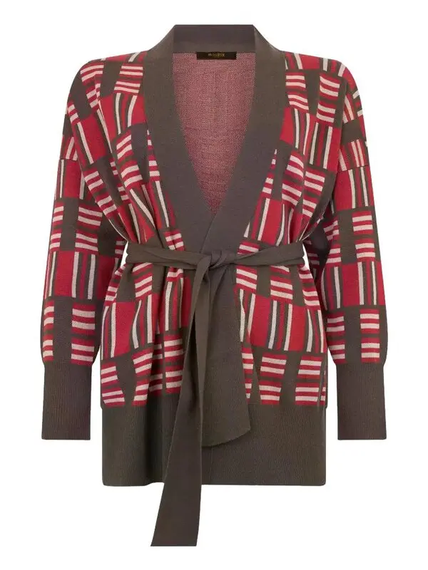 MOORER Geometric Pattern Belted Cardigan - Brown