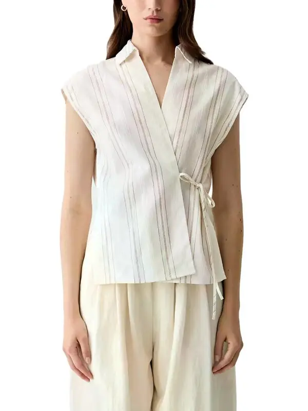 BENETTON Striped Wrap Blouse - White