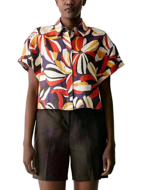 BENETTON Floral Print Cropped Short-sleeved Shirt - Purple