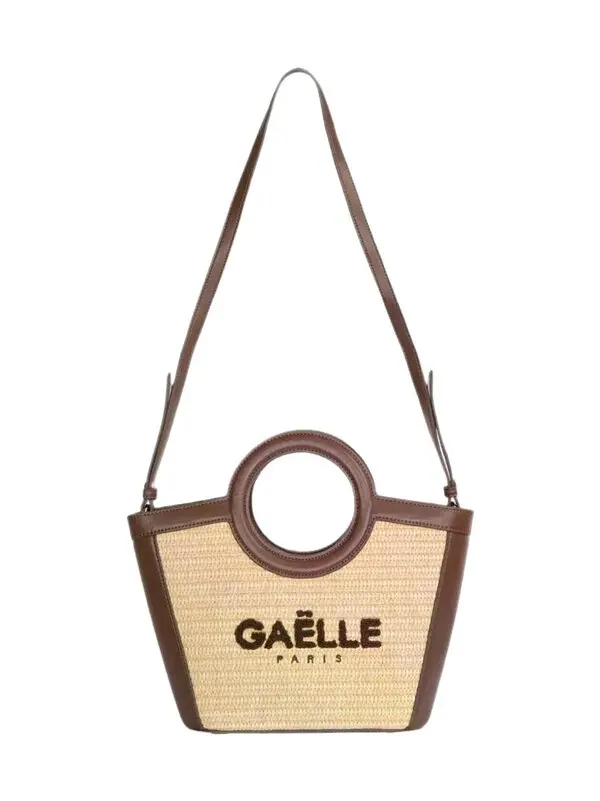 GAELLE PARIS Logo Embroidered Raffia-effect Shoulder Bag - Neutrals