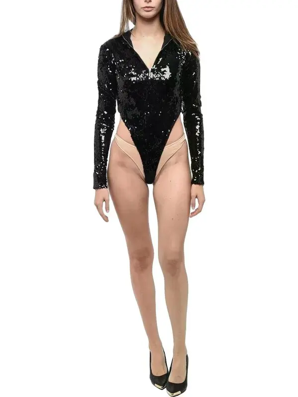 ADRIANA HOT COUTURE Sequined Hooded Bodysuit - Black
