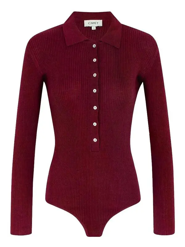 CAYET Ribbed Knit Bodysuit - Red