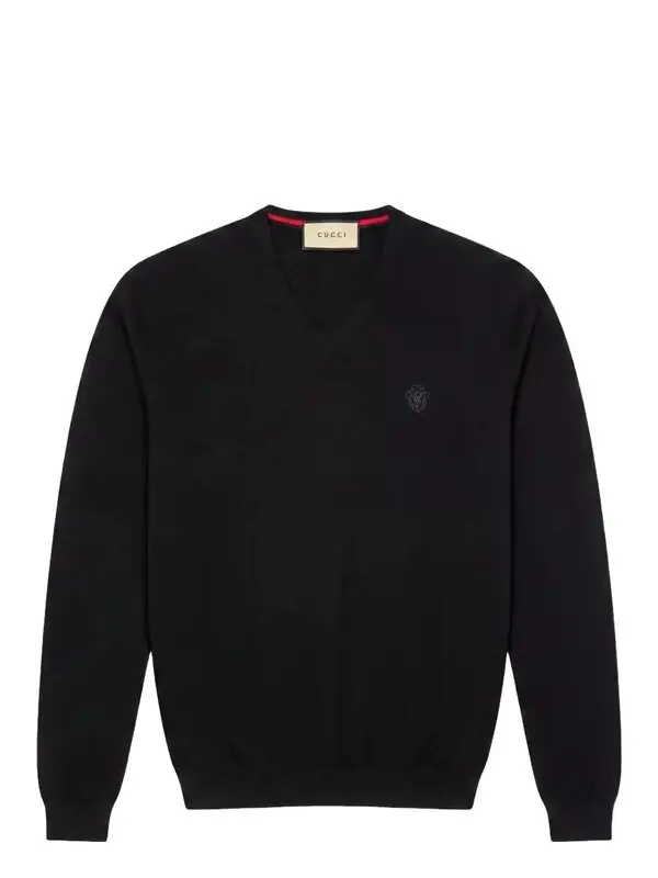Gucci V-neck Sweater With Embroidered Logo - Black