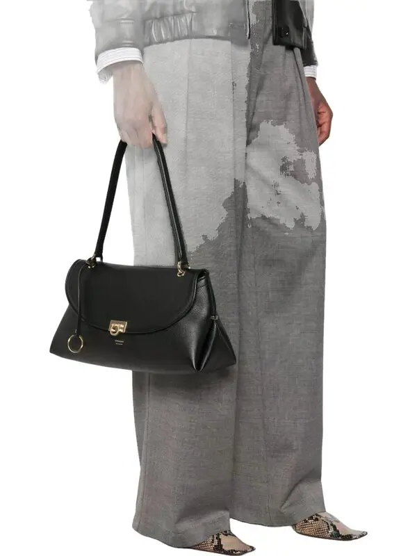 FERRAGAMO Gancini Pebbled Leather Tote Bag - Black