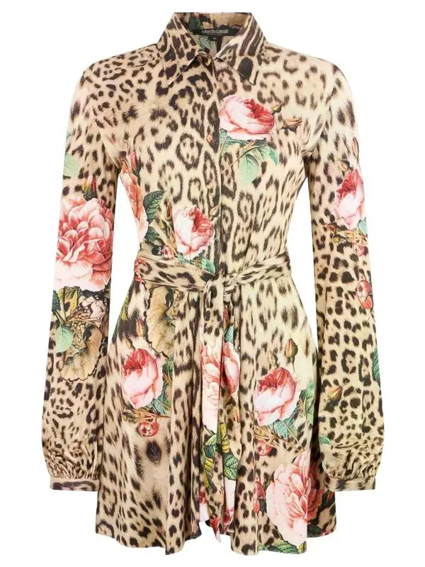 Roberto Cavalli Leopard And Floral Print Long Sleeve Mini Dress - Neutrals