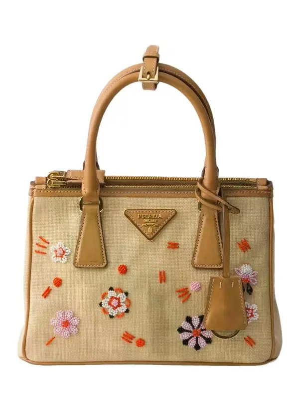 Prada Galleria Small Canvas And Leather Embroidered Bag - Neutrals