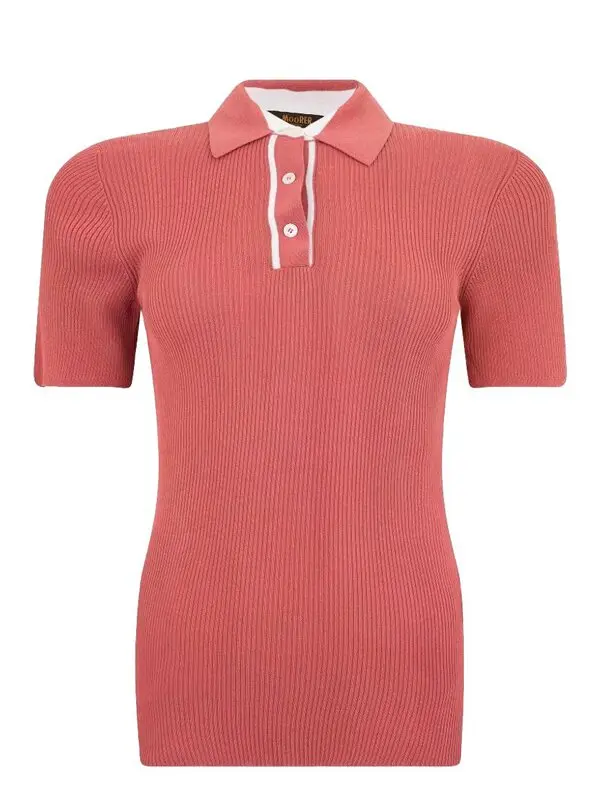 MOORER Ribbed Knit Short Sleeve Polo Shirt - Pink
