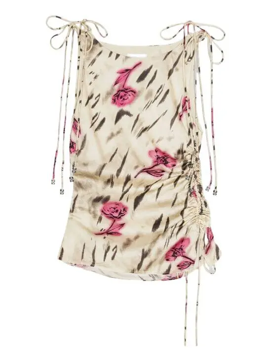 GANNI Graphic Printed Stretch Satin Gathered Top - Egret