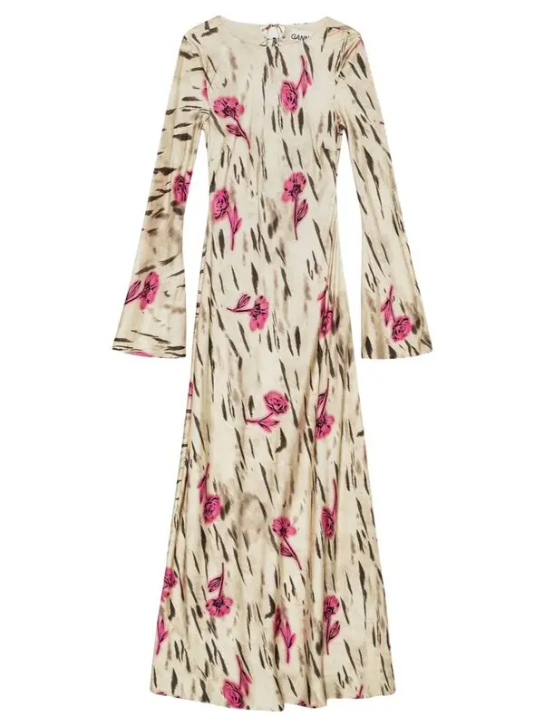 GANNI Floral Satin Maxi Dress - Egret