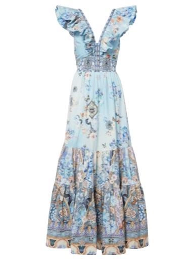Camilla Shirred Floral Cotton Maxi Dress - Blue