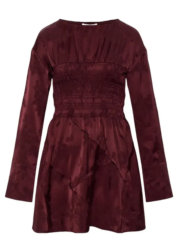 GANNI Smocked Mini Dress With Long Sleeves - Wine Red