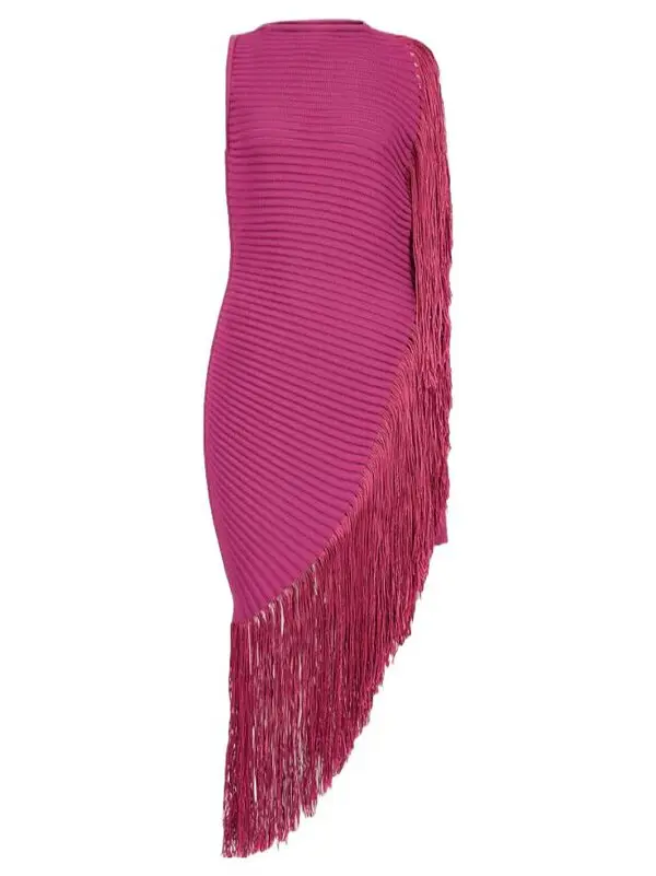 Alaïa Asymmetric Fringed Knit Dress - Garnet