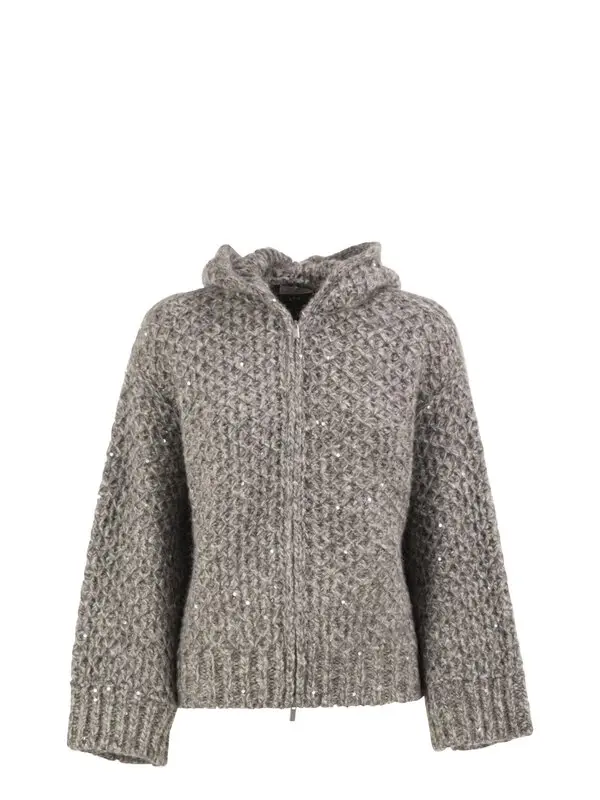 Peserico Zip Fastening Hooded Cardigan With All-over Micro Sequin Embellishment - Gray