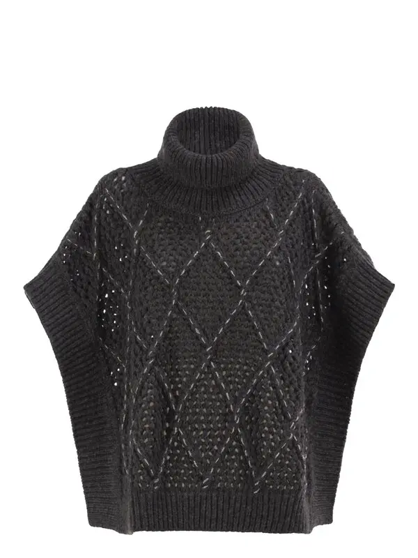 Peserico Openwork Geometric Roll Neck Poncho Sweater - Black