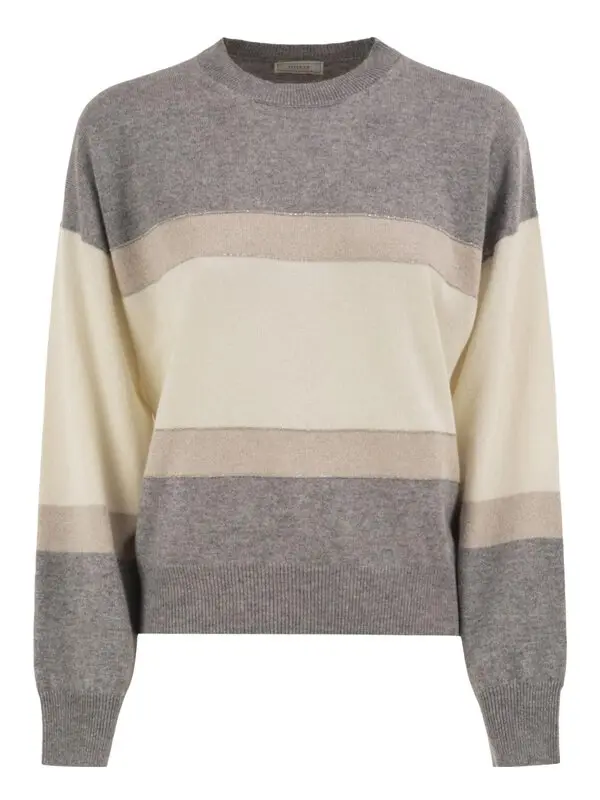 Peserico Striped Crew-neck Sweater With Shimmering Trims - Gray