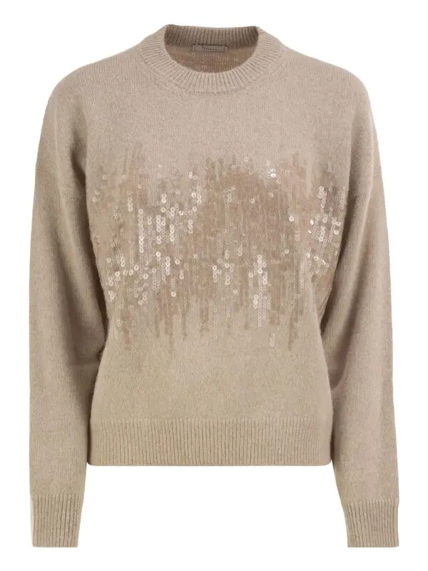 Peserico Sequined Crew Neck Fine Knit Jumper - Nude