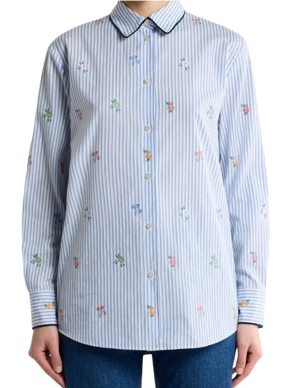 Etro Striped Cotton Jacquard Shirt With Fil Coupé Flower Motif - Blue