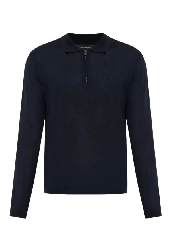 Emporio Armani Zip-neck Embroidered Logo Polo Shirt - Blue Navy