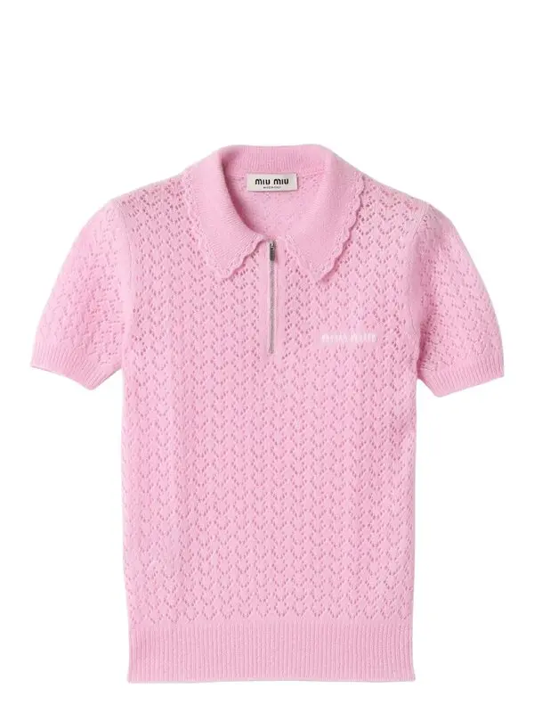 Miu Miu Zipped Knitted Polo Top With Crochet Trim - Pink