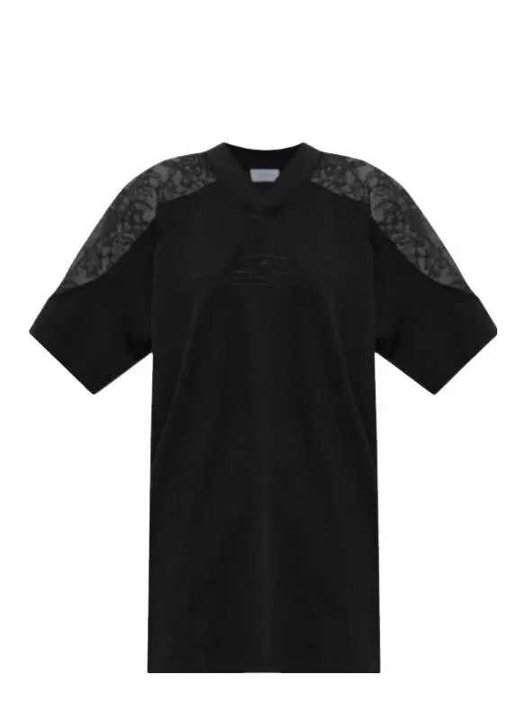 Off-White Short Sleeve V-neck T-shirt With Lace Paneling - Black