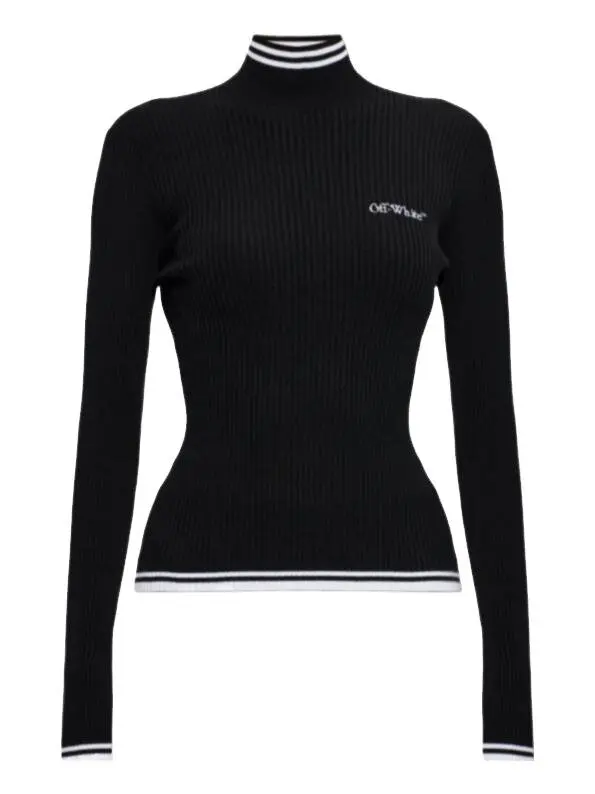 Off-White Long-sleeve High-neck Knit Top With Striped Accents - Black