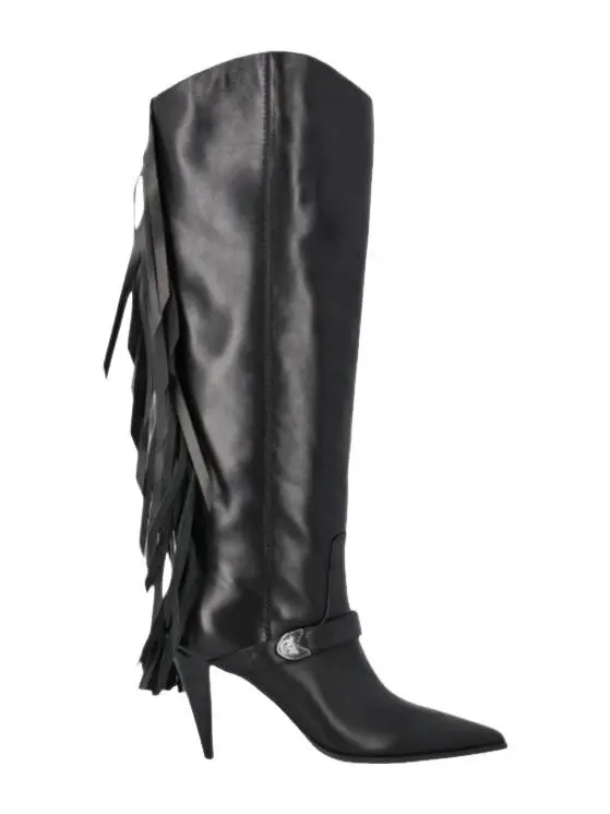Pinko Fringe Detail Leather Boots - Black