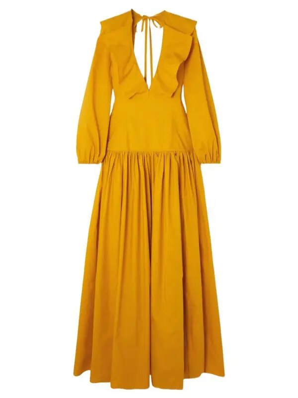 La DoubleJ Ruffled Maxi Dress With V-neck And Neck Tie - Orange