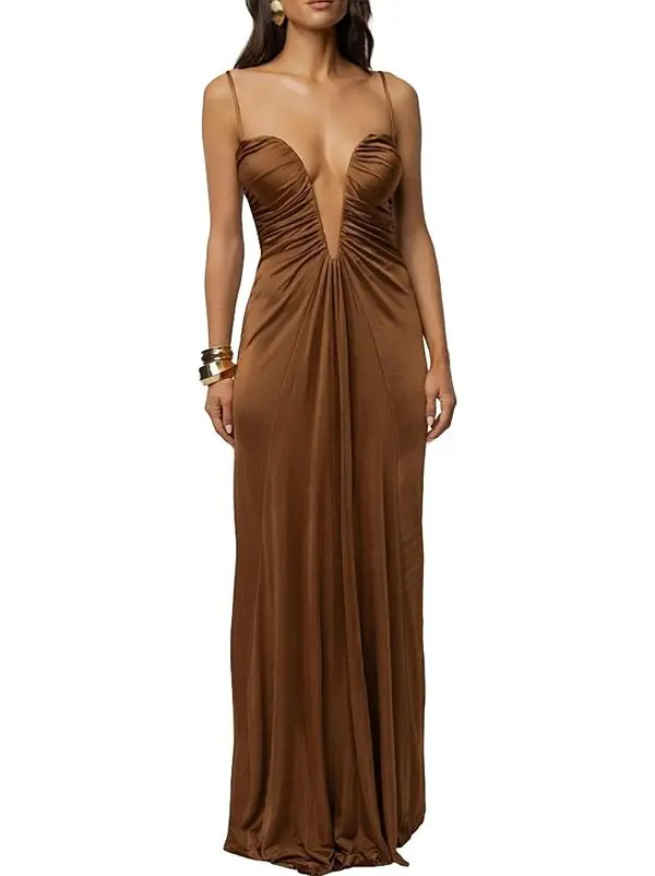 JLUXLABEL Auric Deep Plunge Maxi Dress - Tan