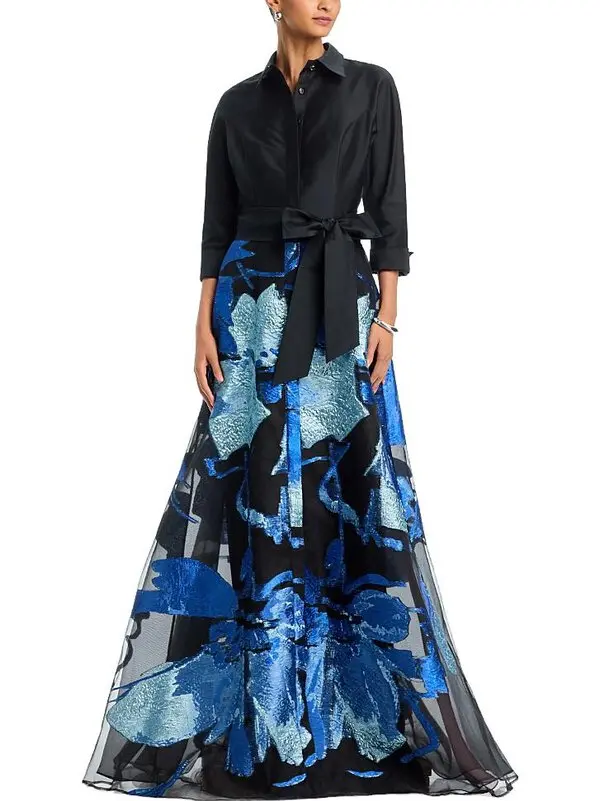 Rickie Freeman For Teri Jon Taffeta Shirtwaist Gown With Metallic Organza Skirt - Black Multi
