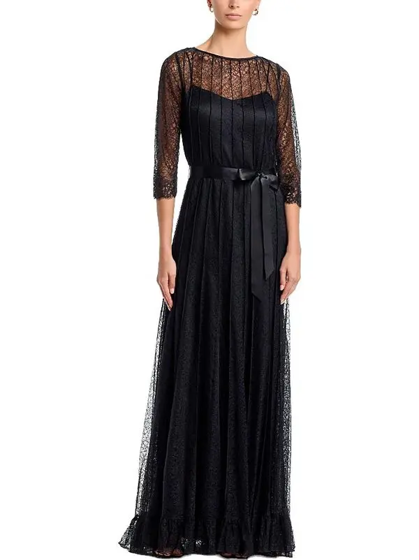 Rickie Freeman For Teri Jon Lace Pintuck Ruffle Hem Gown - Black