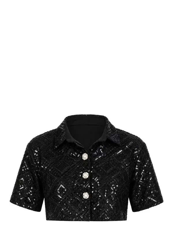 INTERNATIONAL APPEAL Sequin Embellished Cropped Shirt - Black