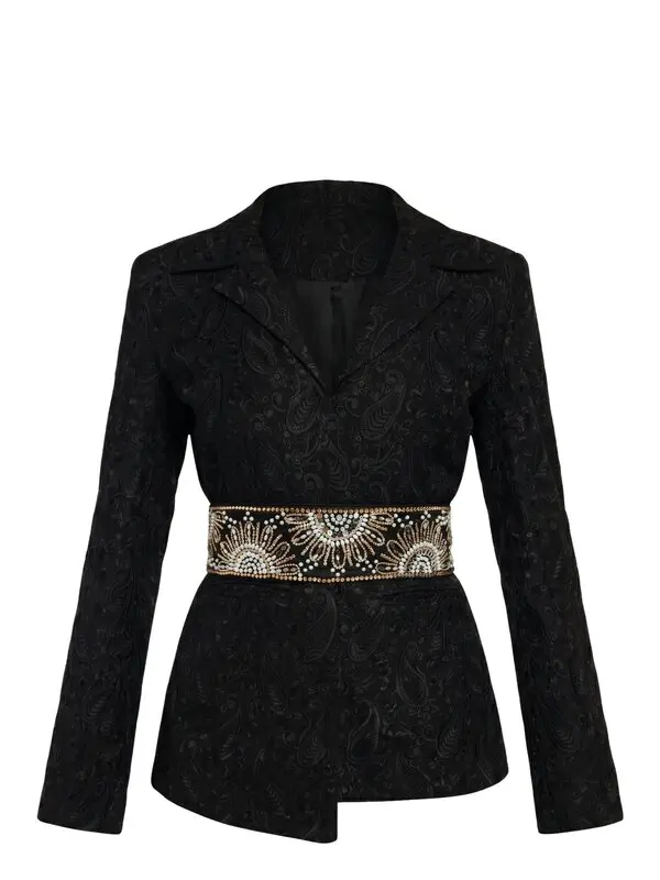 INTERNATIONAL APPEAL Paisley Textured Blazer With Embellished Belt - Black