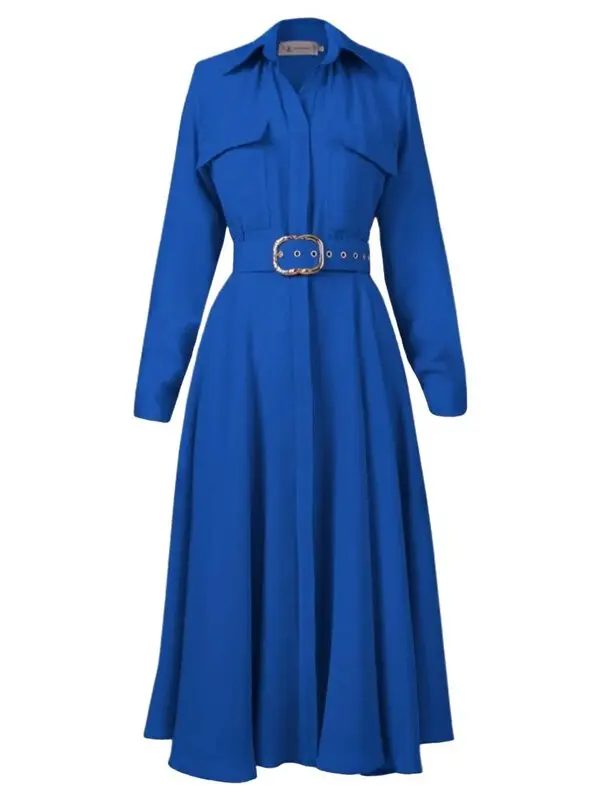 ALINA CERNATESCU Royal Viscose Midi Shirt Dress With Textile Belt And Pockets - Blue